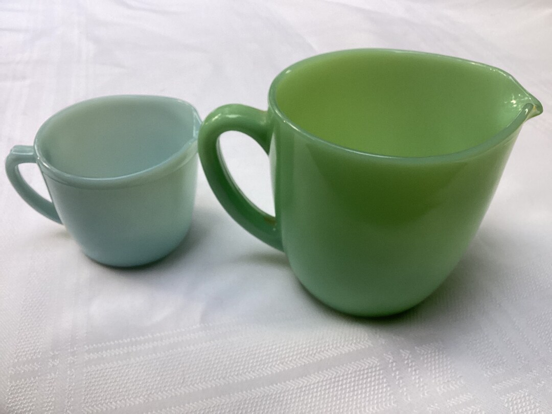 FIRE-KING Oven Ware Green Milk Pitcher Blue Creamer Jadeite Azurite ...