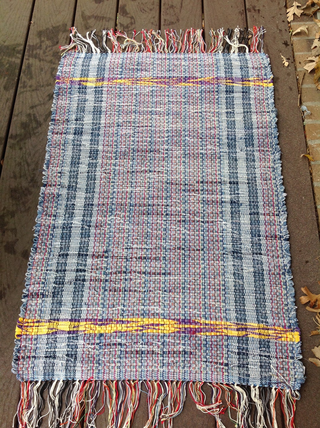 Purple and Gold Borders on Denim Rag Rug 38" X 26" Hand Loomed From ...