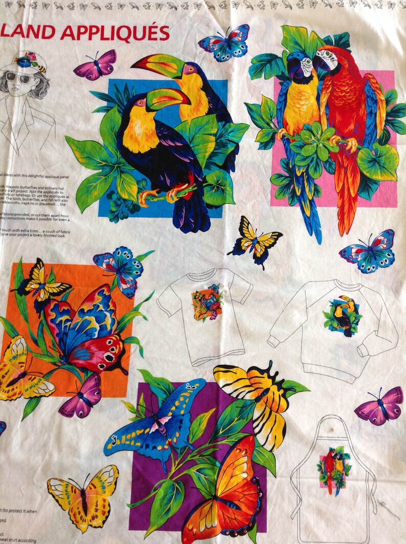 TROPICAL ISLAND APPLIQUES 2 Fabric Panels Brilliantly Colored ...