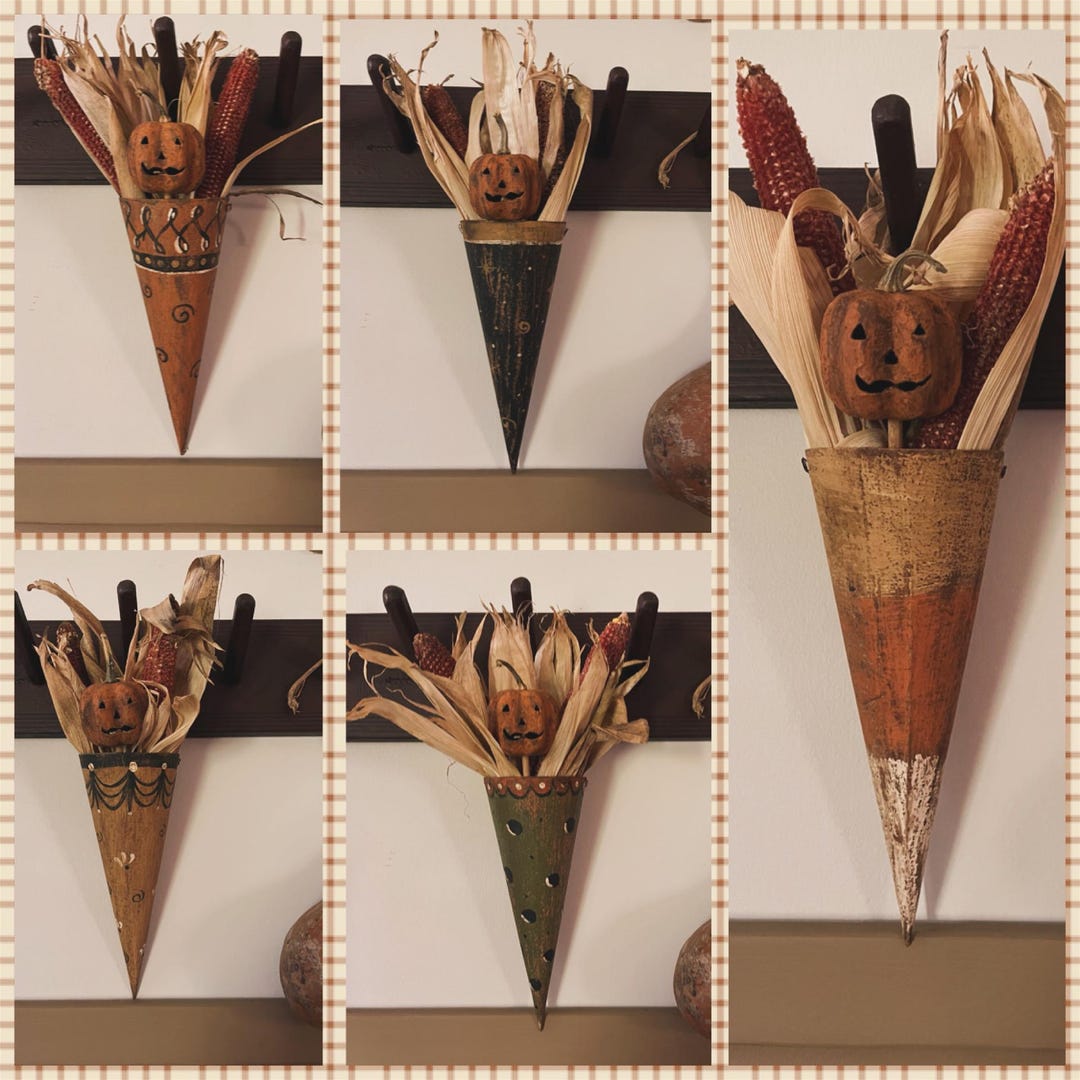ONE your Choice Folk Art Pumpkin Poke Cone W/ Dried Corn Husk & Cobs 16 ...