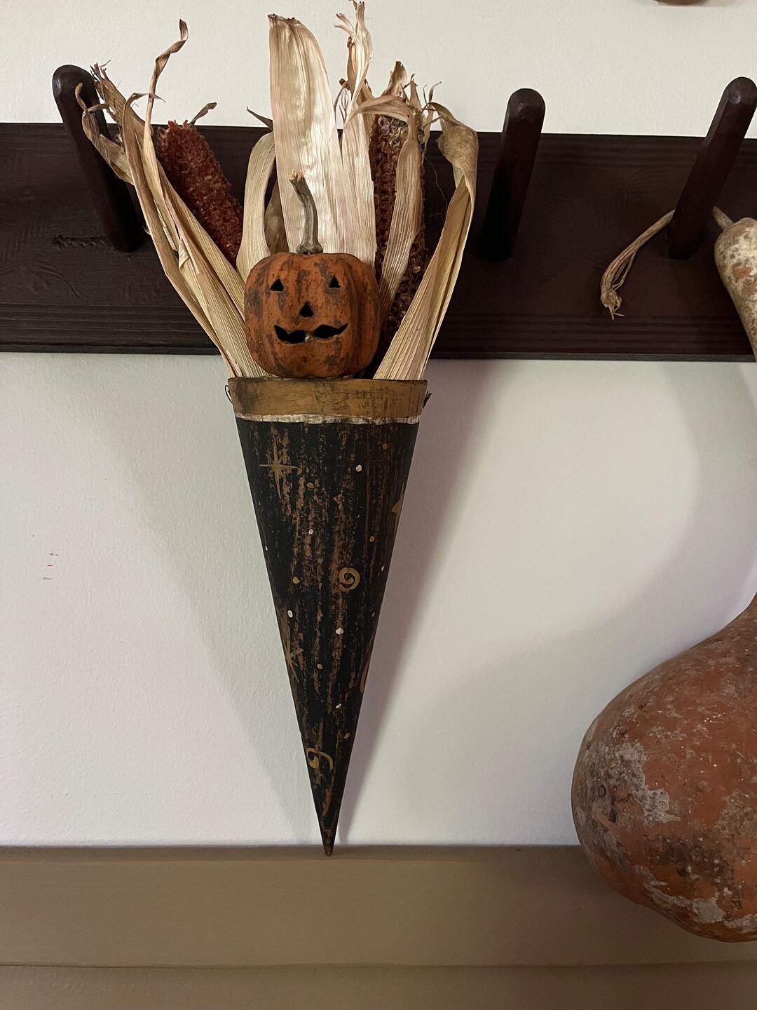 Folk Art Pumpkin Poke Cone W/ Dried Corn Husk & Cobs 16 - Etsy