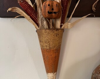 Folk Art Pumpkin Poke Cone W/ Dried Corn Husk & Cobs 16 - Etsy