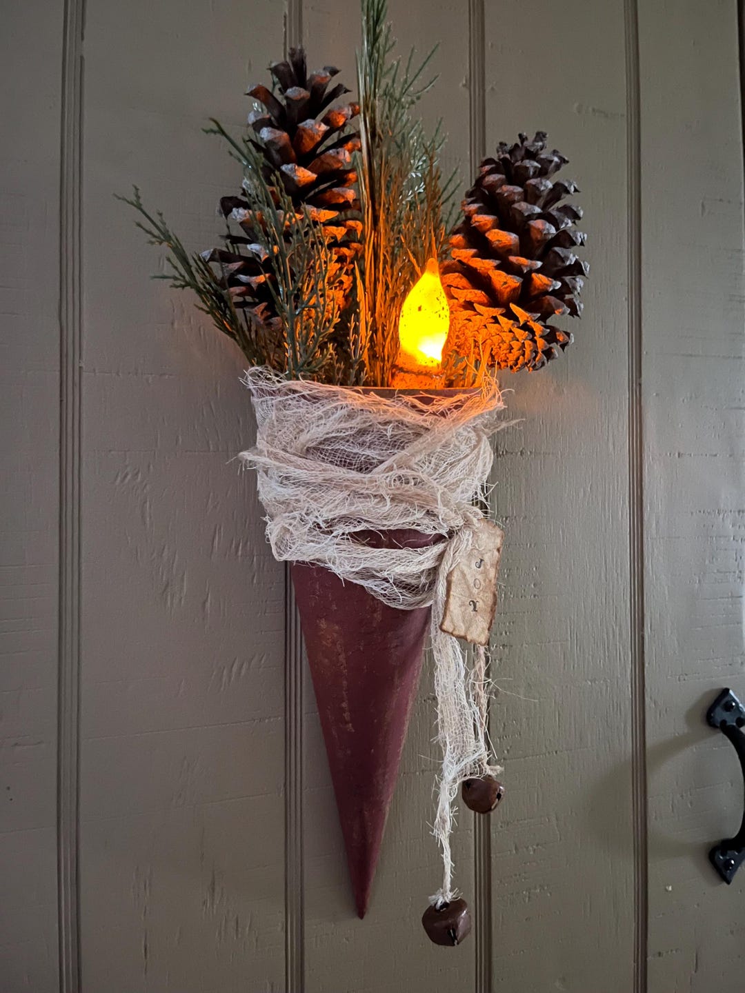 Deep Red Folk Art Holiday Cone W/ Greens & Battery Candle - Etsy