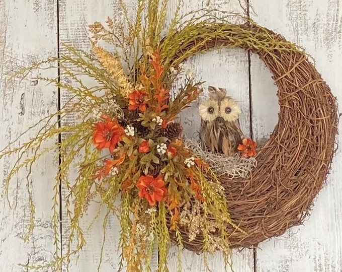 Owl Basket, Owl Wreath, Fall Wreath, Owl Floral Décor, Rustic Wreath ...