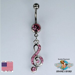 G-clef Dangle Belly Ring Bar PINK Treble Clef Music Note Belly Button ...