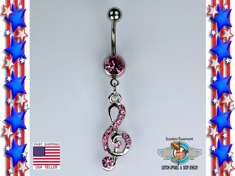 G-clef Dangle Belly Ring Bar PINK Treble Clef Music Note Belly - Etsy