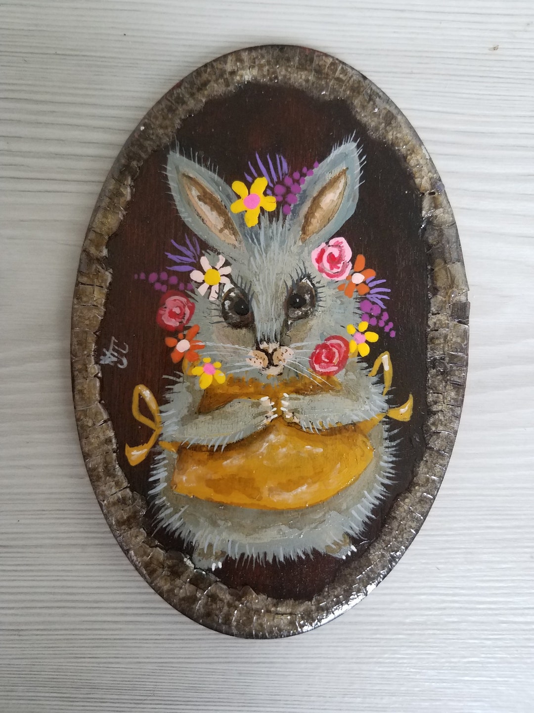 Flower Bunny Girl in Yellow Apron Hand Painted on Small Oval Wood Piece ...