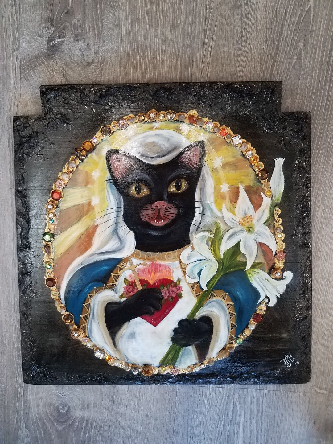 Black Cat Virgin Mary Immaculate Heart Painting on Reclaimed Wood With ...