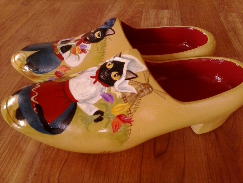 Hand Painted Clogs With Black Cats in Traditional Dutch Costumes and ...