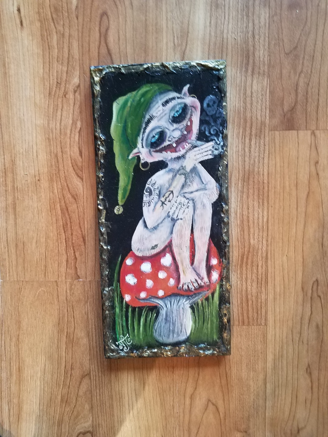 Weed Smoking Elf Sitting on a Magic Mushroom. Pastels and Ink on ...