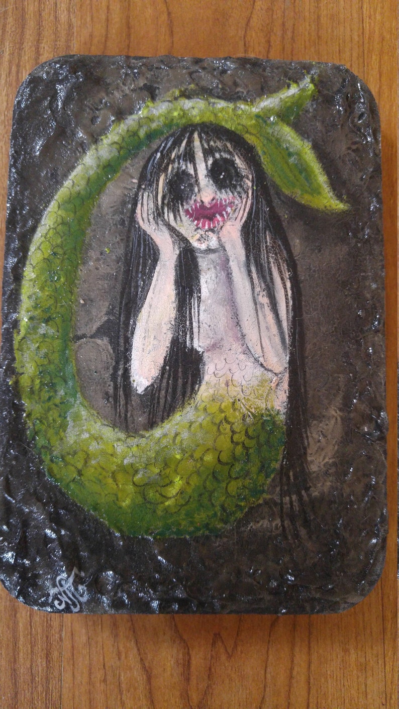 Dark Scary Gothic Small Mermaid. Oil Pastels and Ink on Reclaimed Wood ...