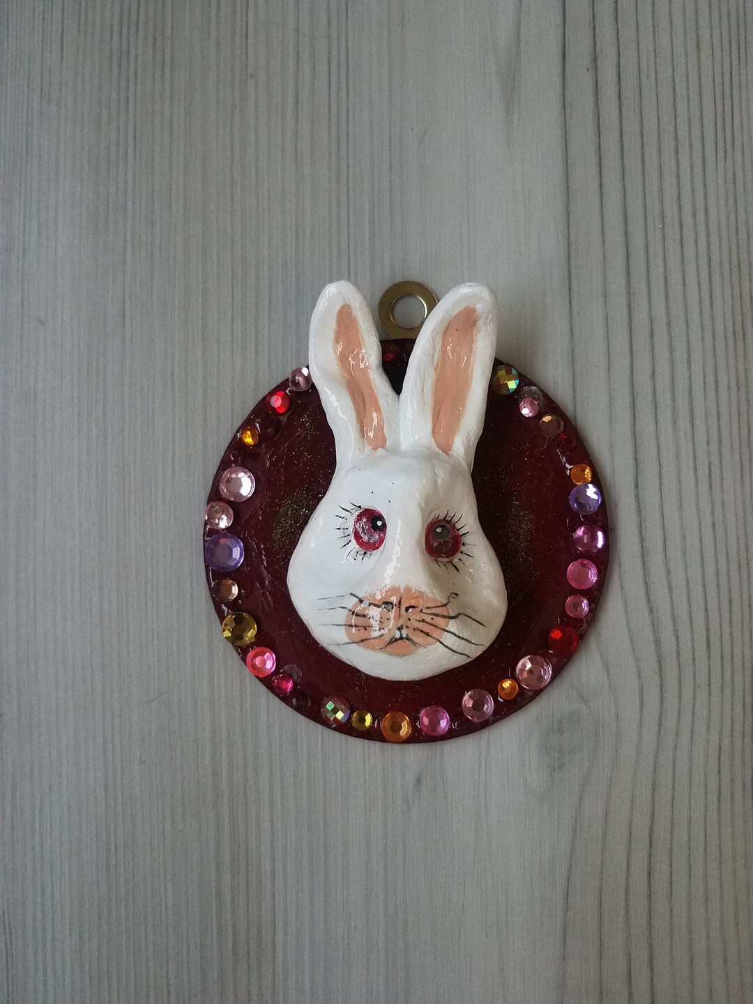 White Ceramic Rabbit Head Mounted on Round Wood Edged in Faux Jewels - Etsy