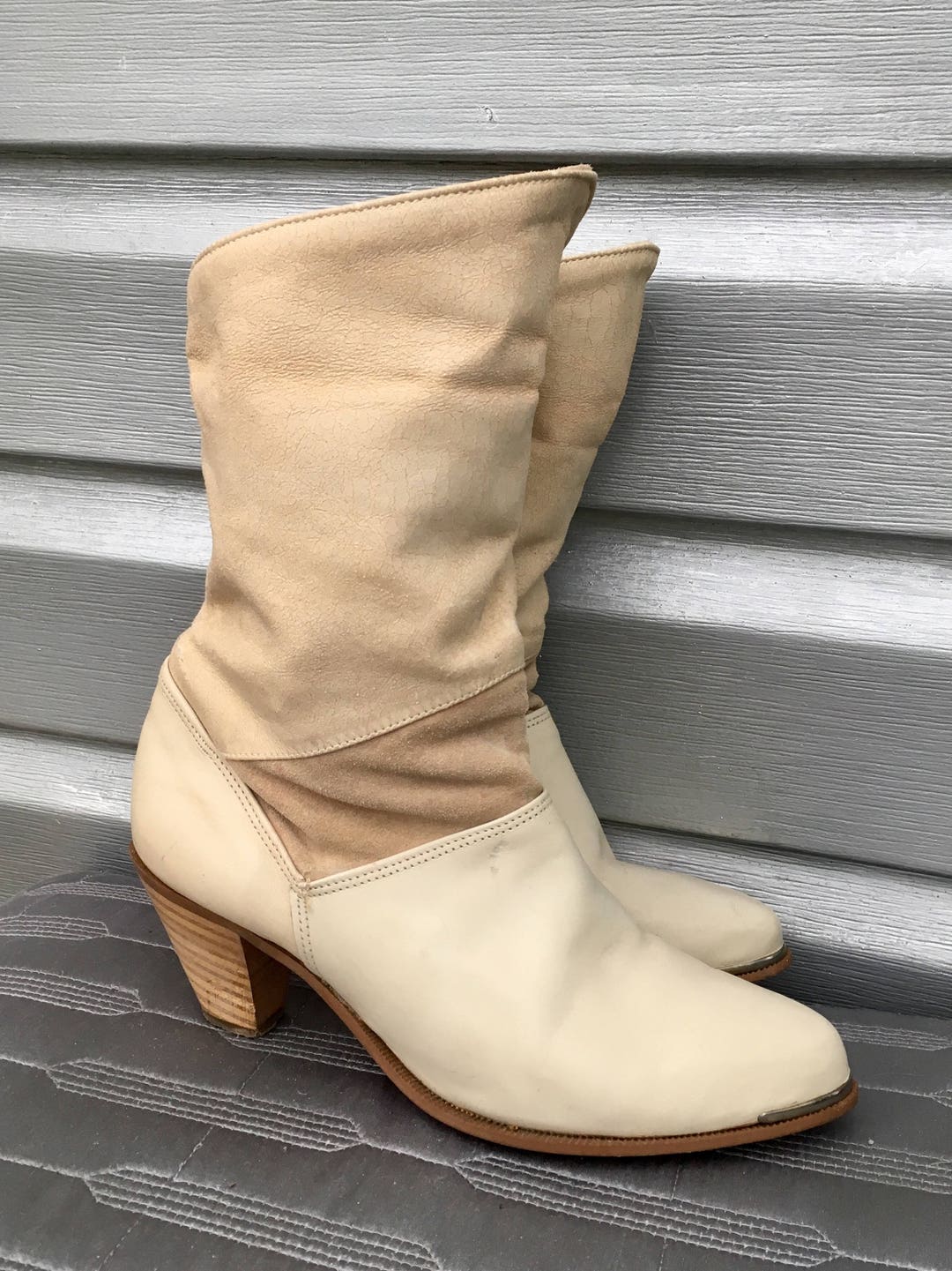 DINGO Vintage Ivory Bone Slouch Fold Over Leather Suede Ankle Boots - Etsy