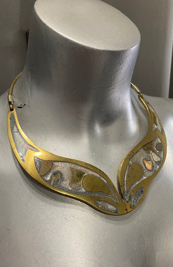 Vintage Stone Inlay Brass Collar Necklace - Gem