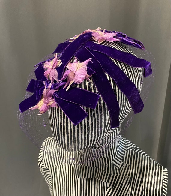 Vintage Fascinator Purple Floral and Velvet Net Face … - Gem