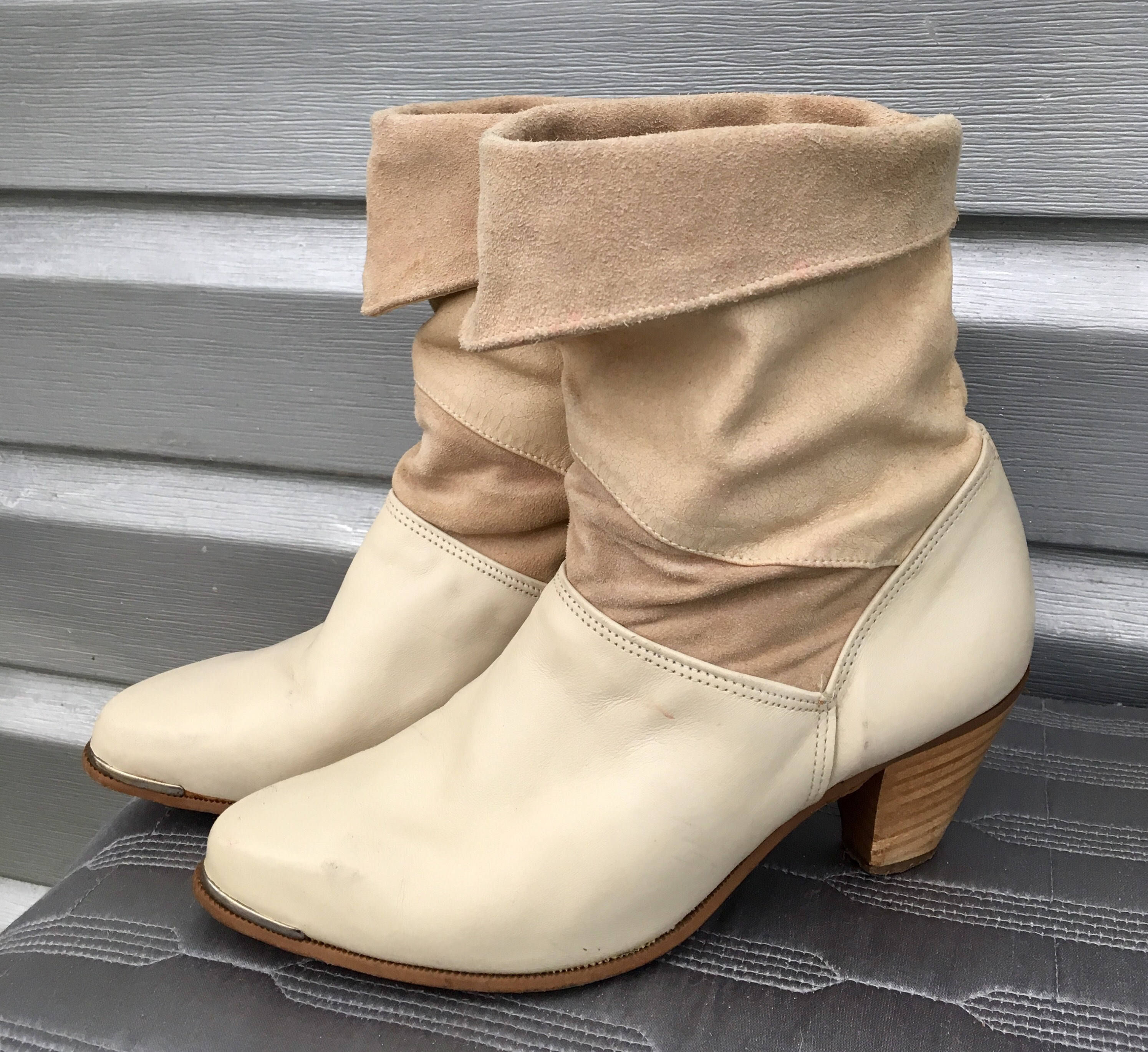 DINGO Vintage Ivory Bone Slouch Fold Over Leather Suede Ankle - Etsy