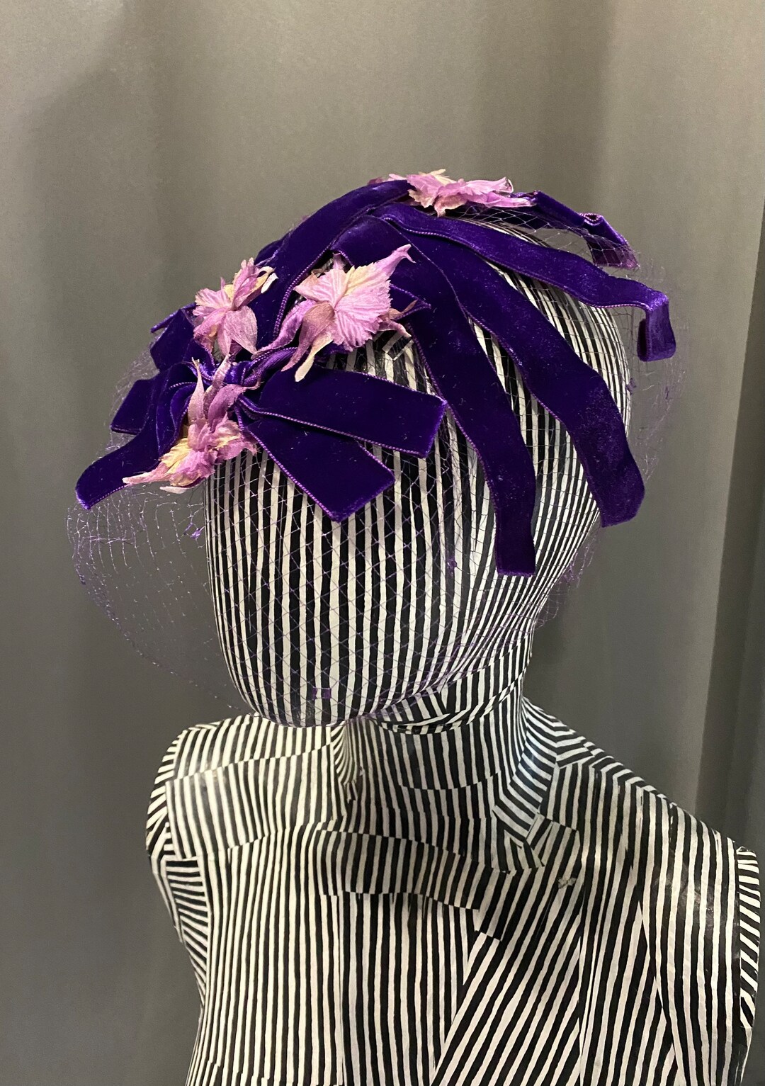 Vintage Fascinator Purple Floral and Velvet Net Face Veil Hat - Etsy