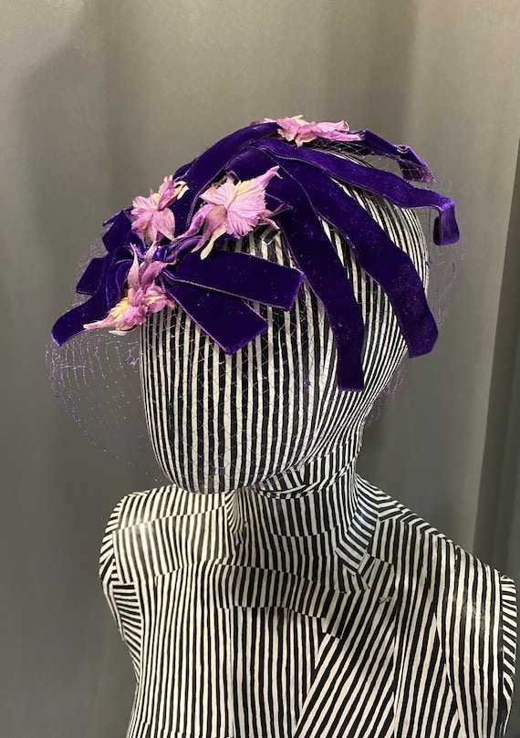 Vintage Fascinator Purple Floral and Velvet Net Face … - Gem