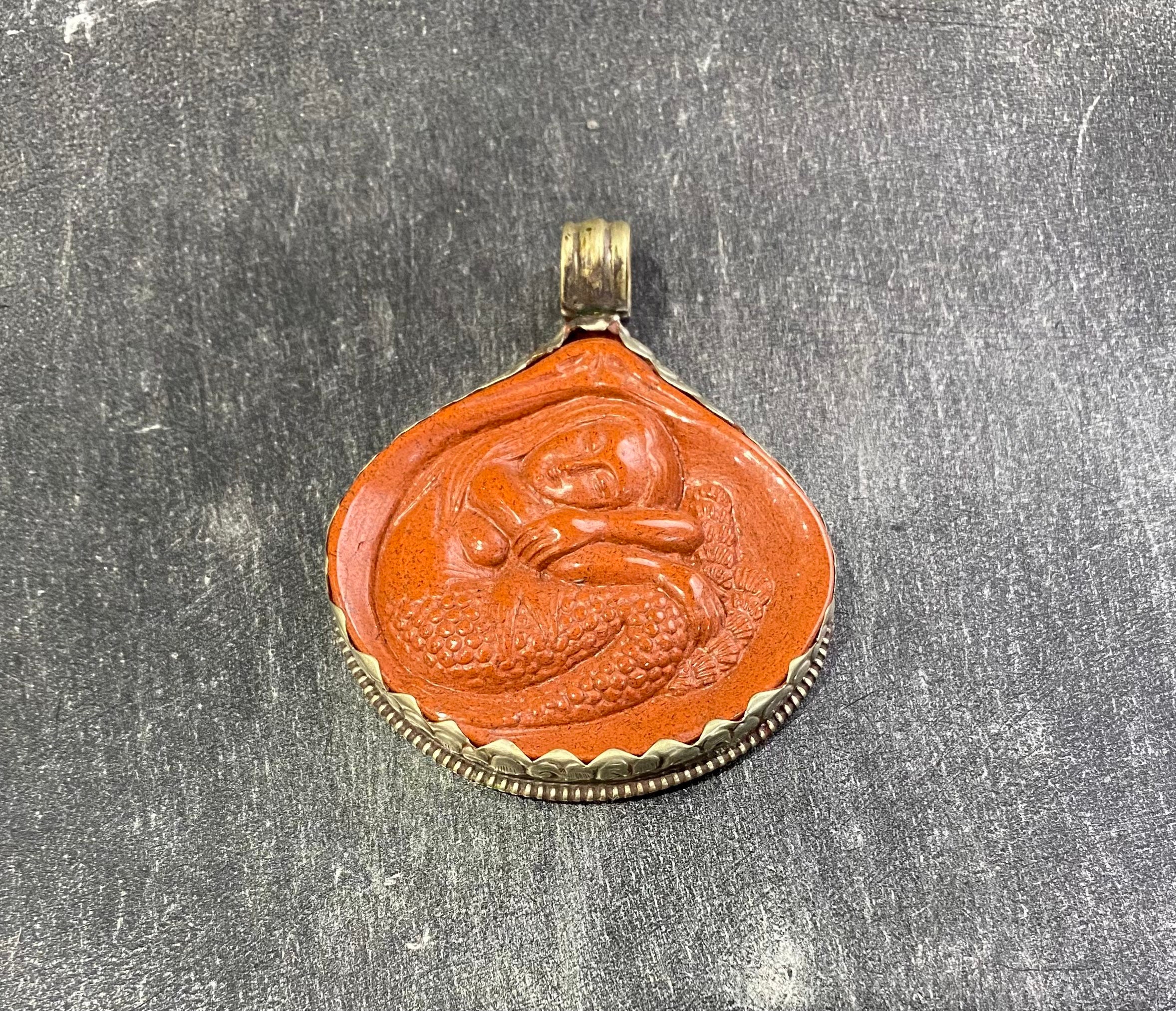 Vintage Sterling Silver Red Jade Mermaid Carved Pendant - Etsy