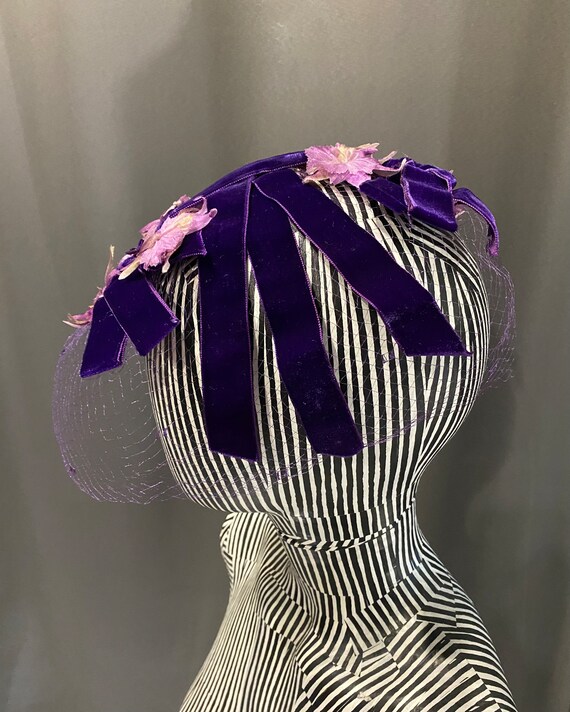 Vintage Fascinator Purple Floral and Velvet Net Face … - Gem