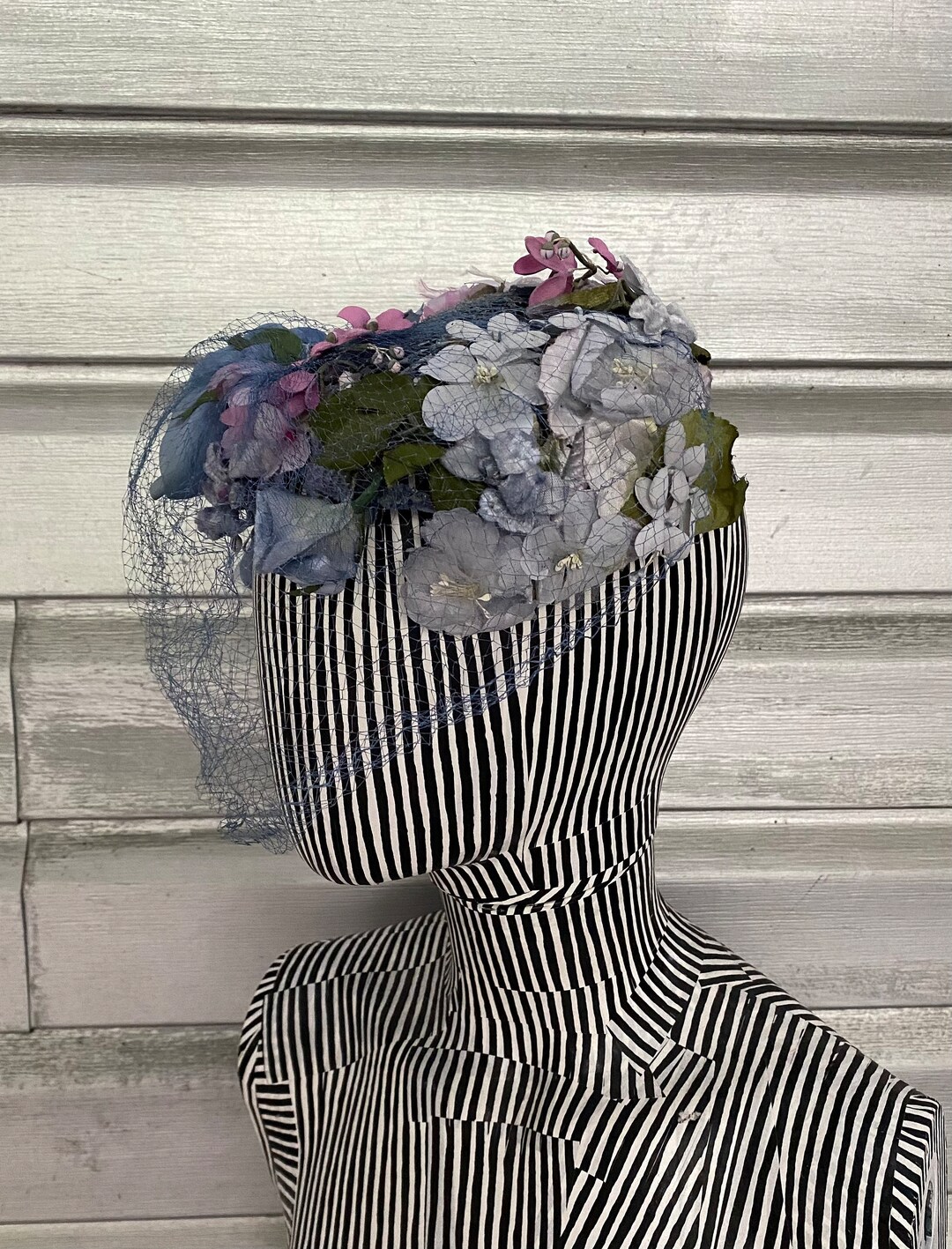Vintage Fascinator Blue Floral Net Face Veil Hat - Etsy