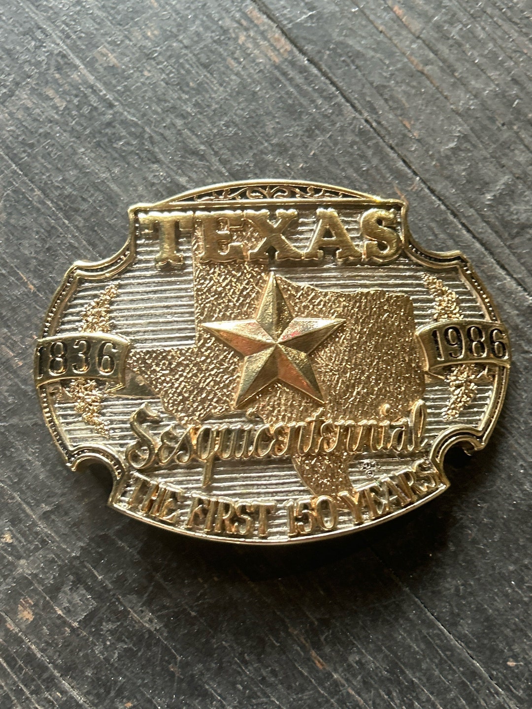 TEXAS SEQUICENTENNIAL Vintage 24k Gold Texas Star Western Belt Buckle ...