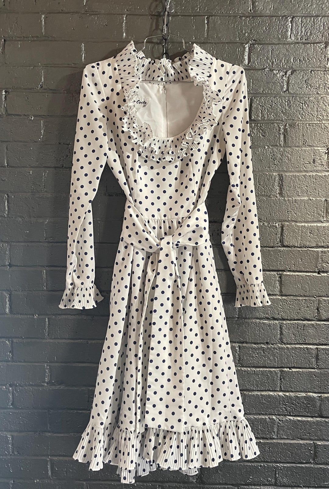 VICTOR COSTA Vintage White Navy Polka Dot Long Sleeve Ruffle Dress - Etsy