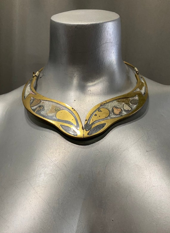 Vintage Stone Inlay Brass Collar Necklace - Gem