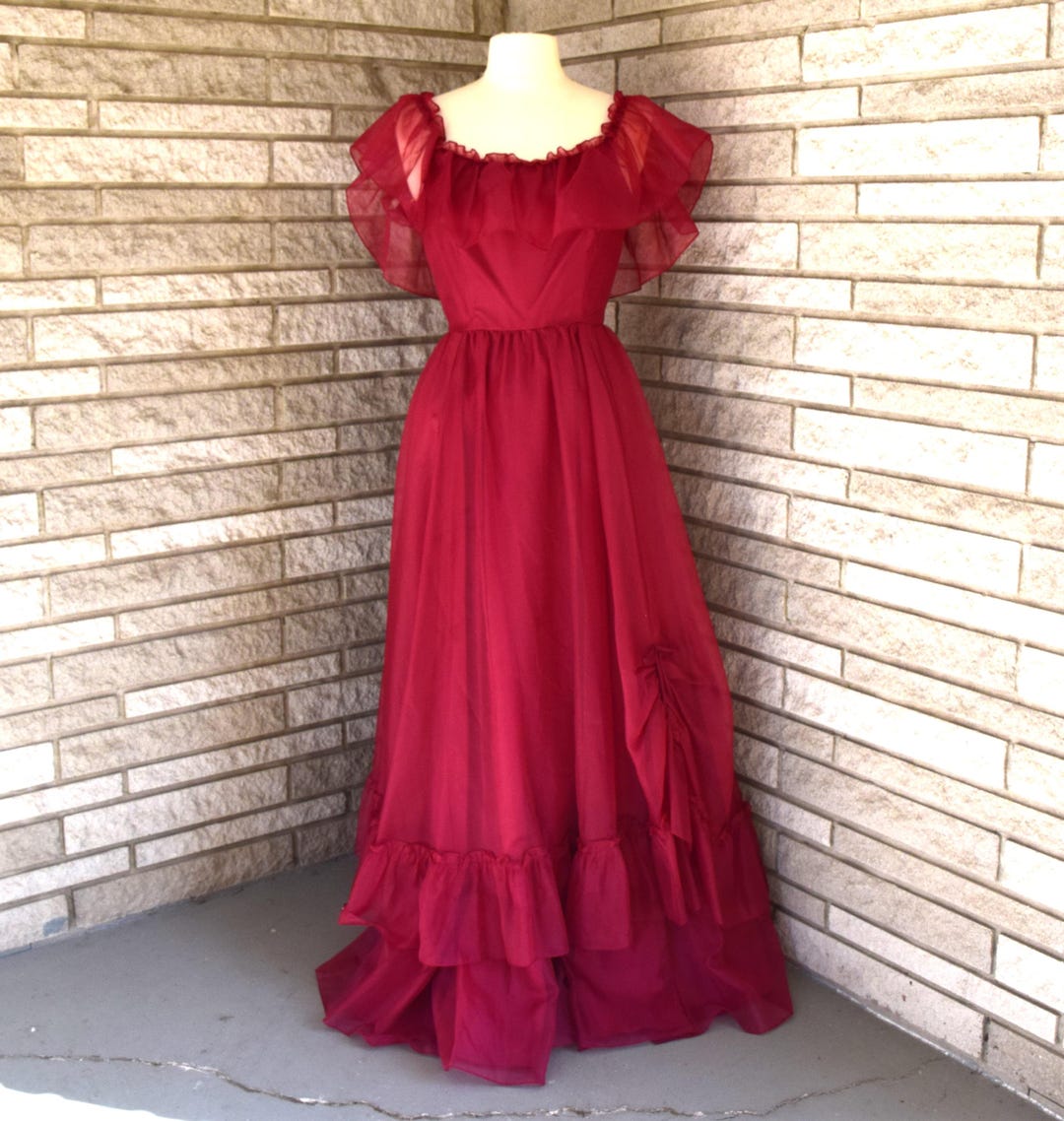 Vintage 1970s Cranberry Red Prom, Holiday, Evening Gown With Ruffle ...