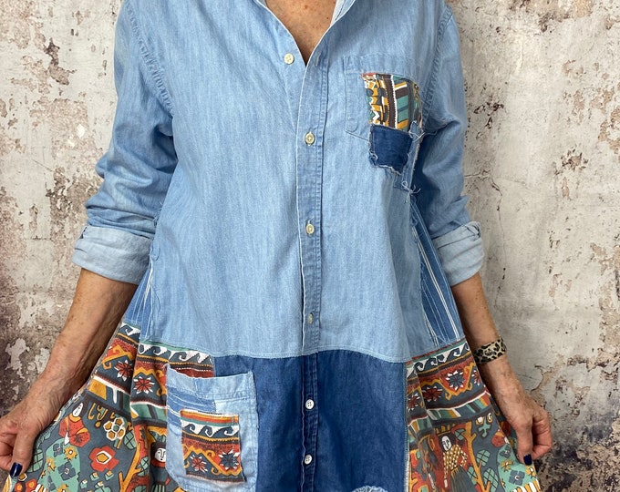 XL Plus, up Cycled Denim, Patchwork Tunic/dress, Repurposed Womens Top ...
