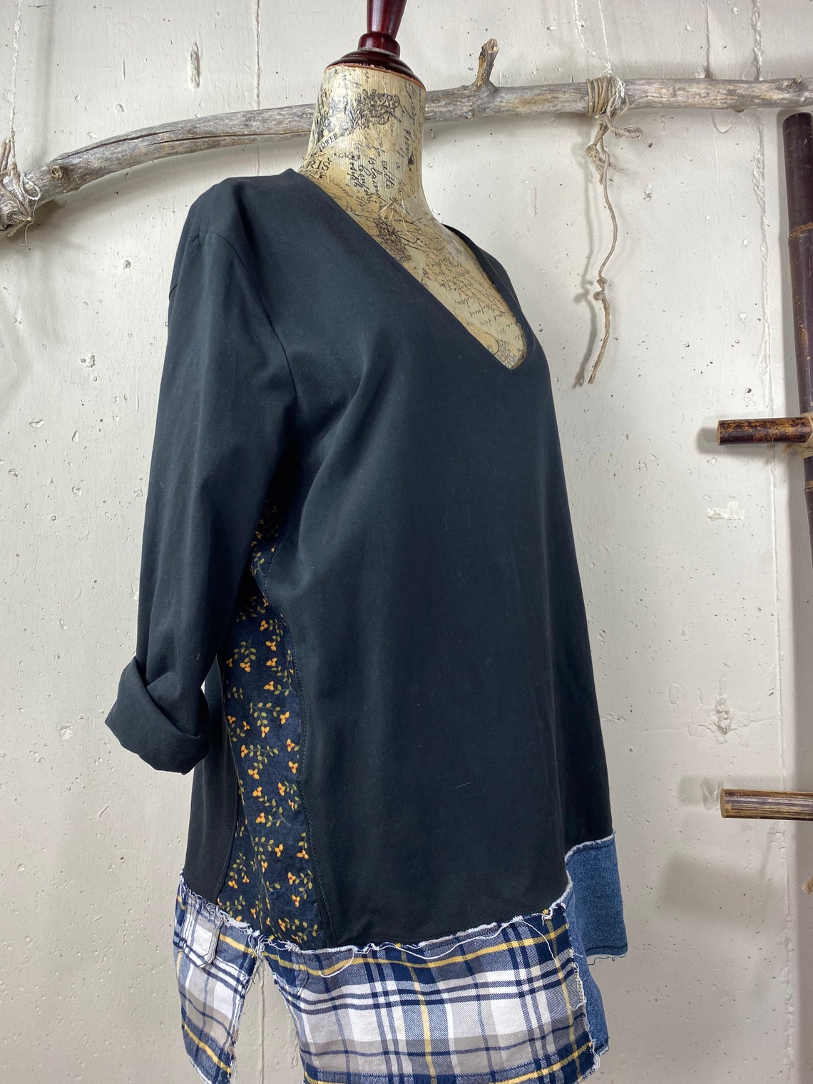 Black Womens Rustic T-shirt up Cycle Denim Tattered | Etsy