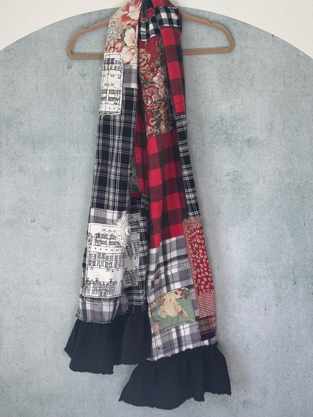 Up Cycled Patchwork Scarf/wrap, Rustic, Raw Edges, Distressed, Funky ...