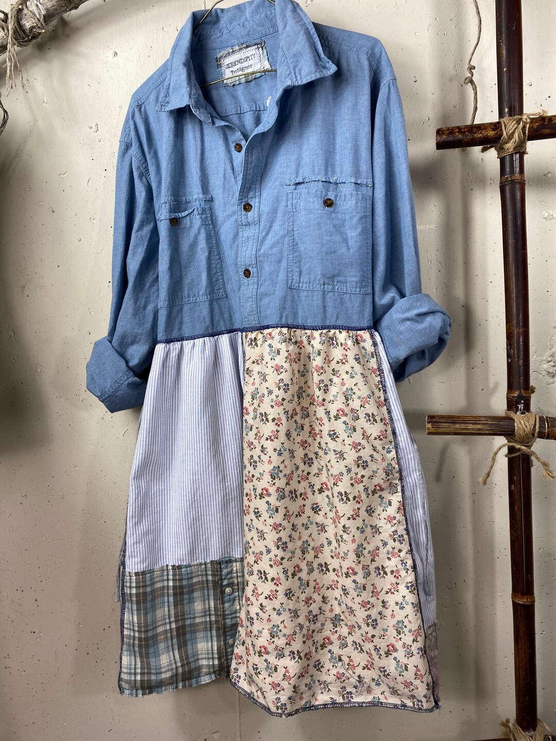 Women’s up Cycle, Denim Patchwork Dress, Rustic, Tattered, Distressed ...