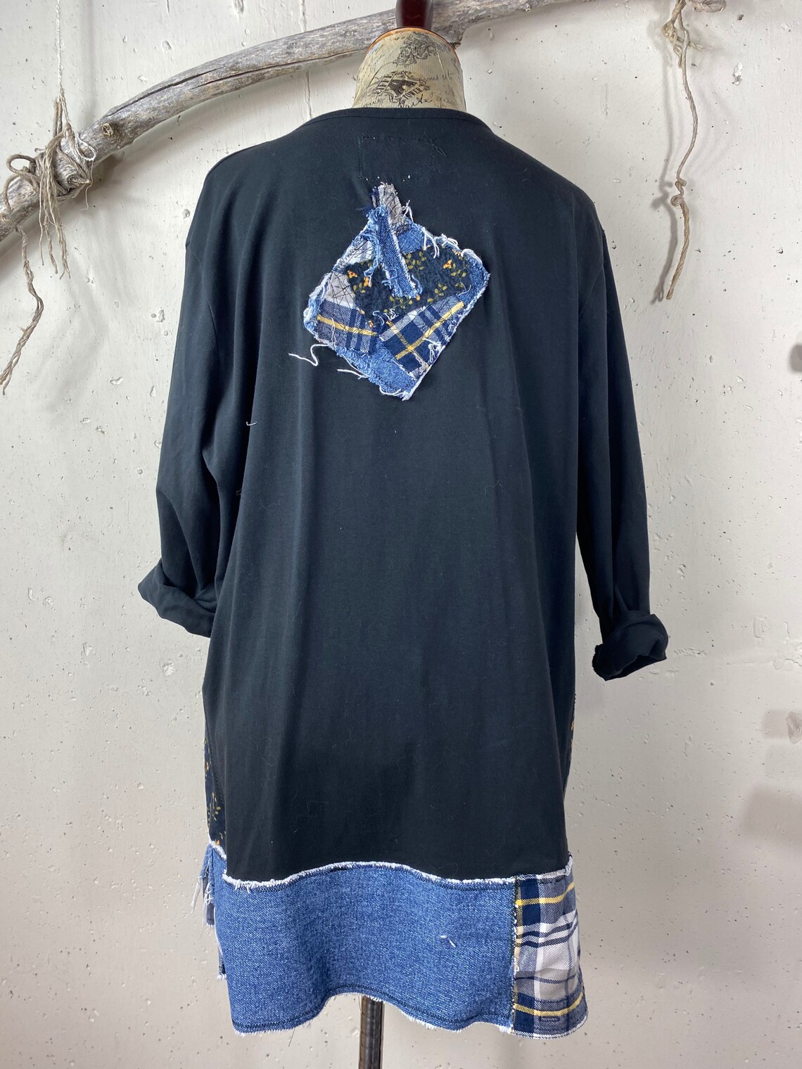 Black Womens Rustic T-shirt up Cycle Denim Tattered | Etsy