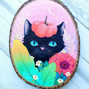 Black Cat Magic. Original Painting on a Wood Slice. Beautiful Wall ...
