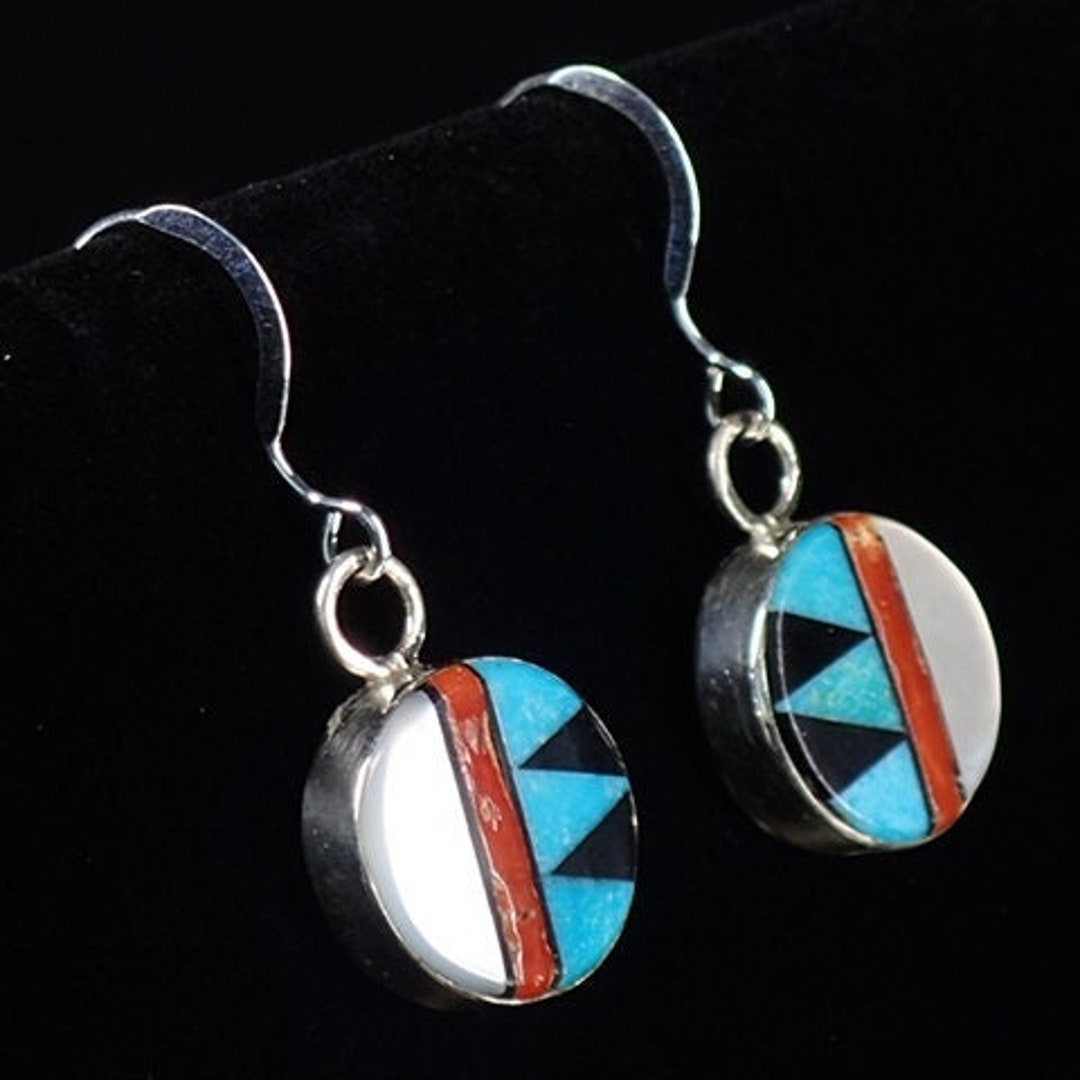 New Zuni Inlaid Dangle Drop Earrings Jewelry Sterling Silver Turquoise ...