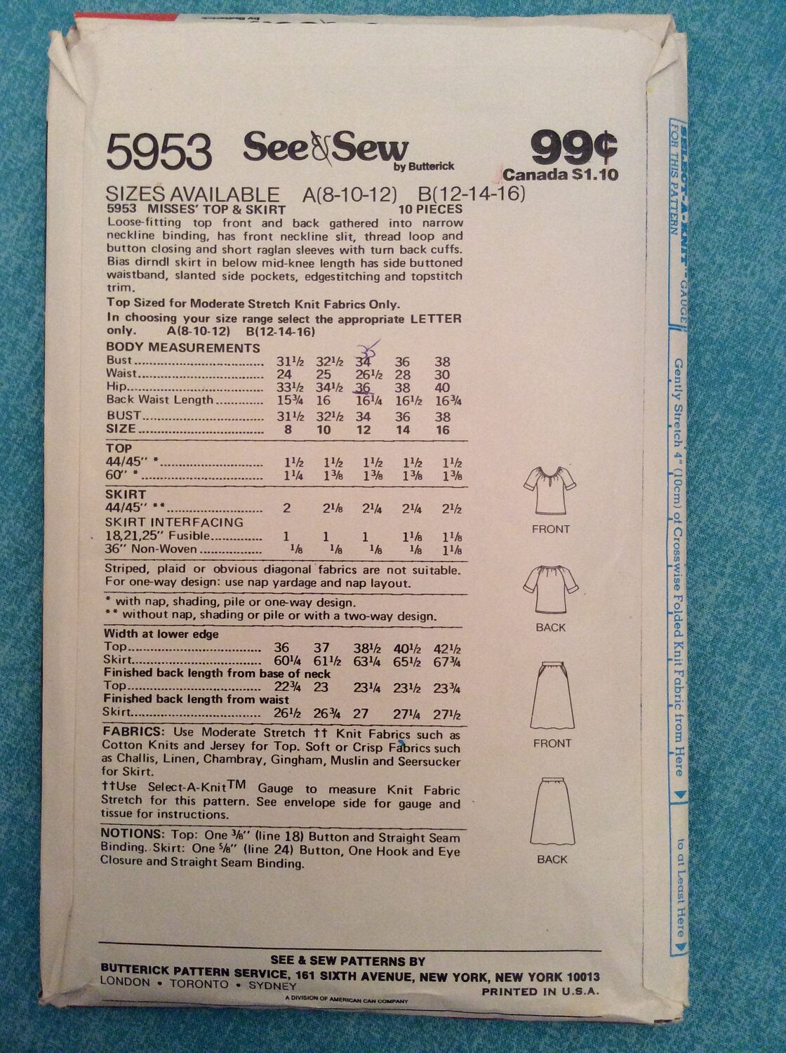 BLOUSE and SKIRT PATTERN Sizes 8, 10 or 12 Butterick 5953 See & Sew - Etsy