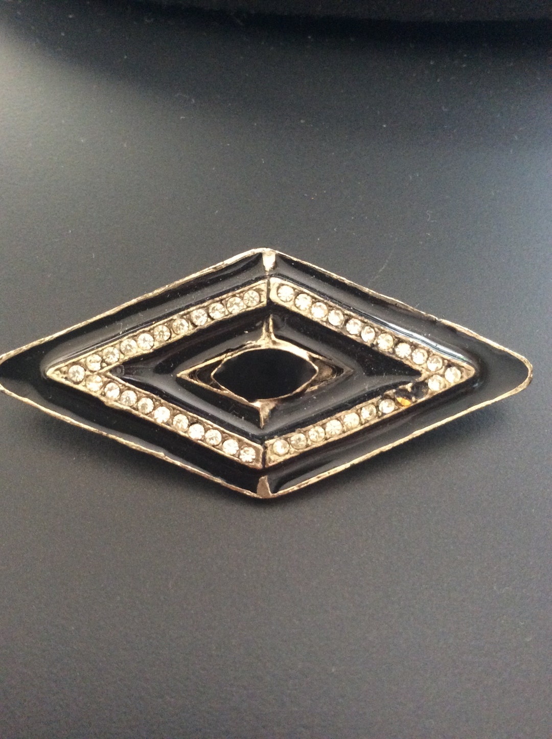 DESIGNER RETRO PIN Art Deco Vintage Brooch Black Enamel Rhinestones - Etsy