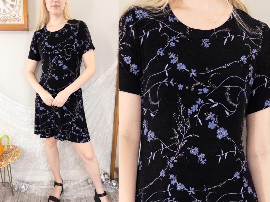 Vintage 90s Black Floral Dress Short Sleeve Mini Dress Bouncy Flowy ...