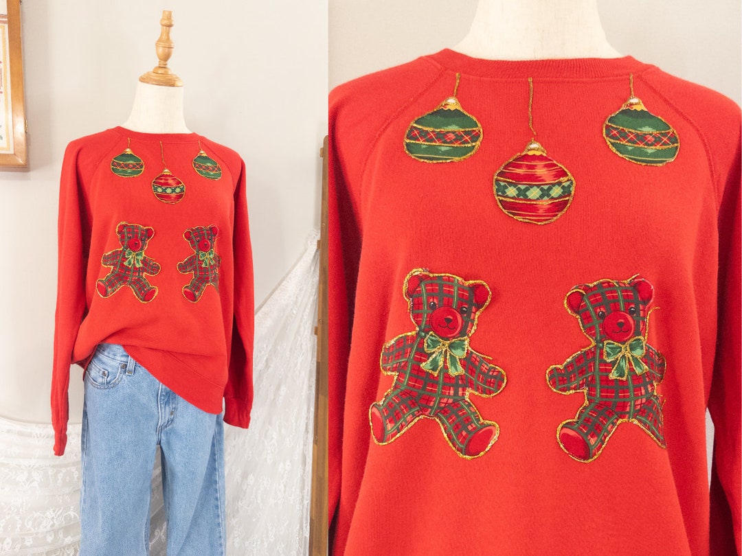 Vintage Plaid Teddy Bear Christmas Sweatshirt Handmade Ornaments Ugly ...