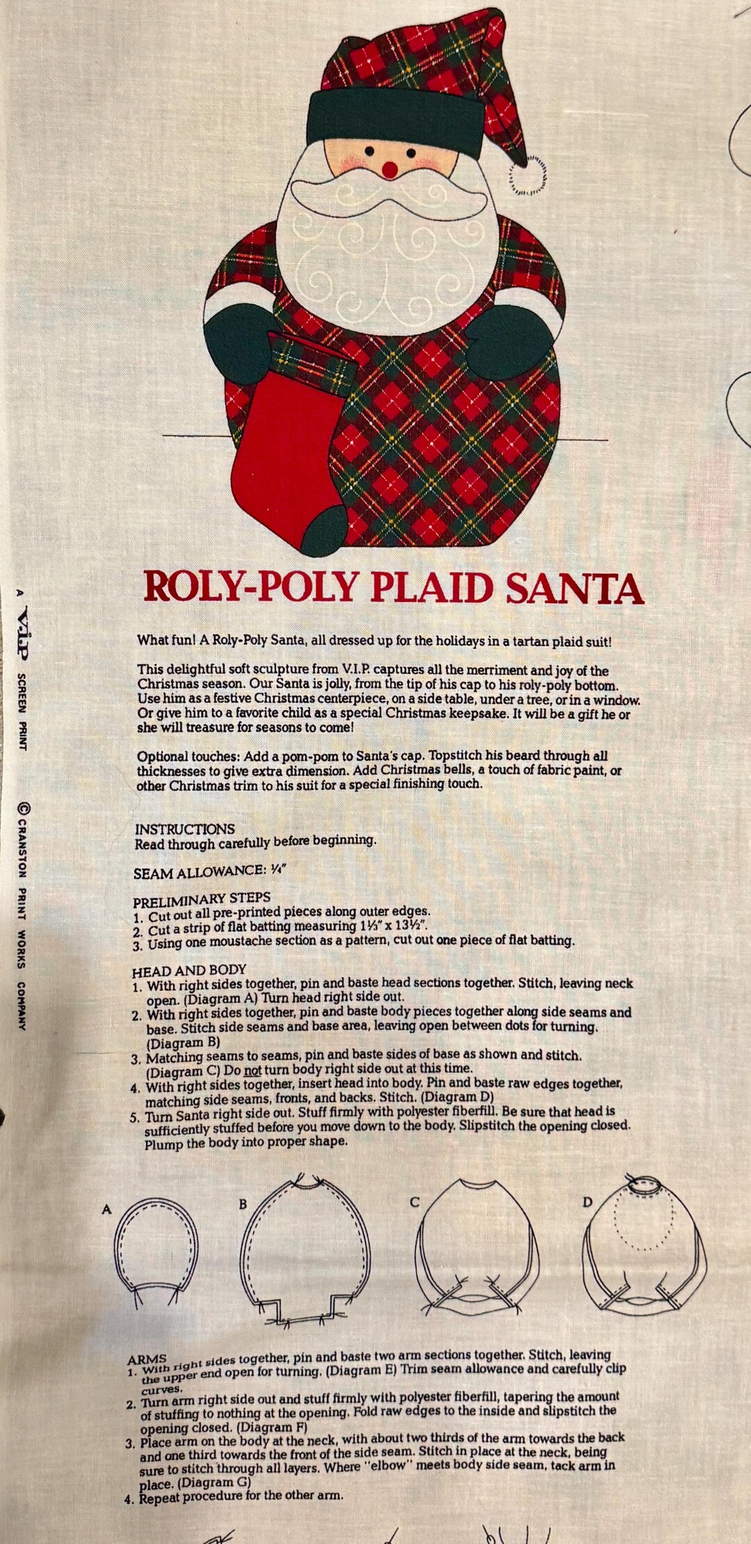 Vintage "roly-poly Plaid Santa" Fabric Panel, 1990s Cut-stuff-sew ...