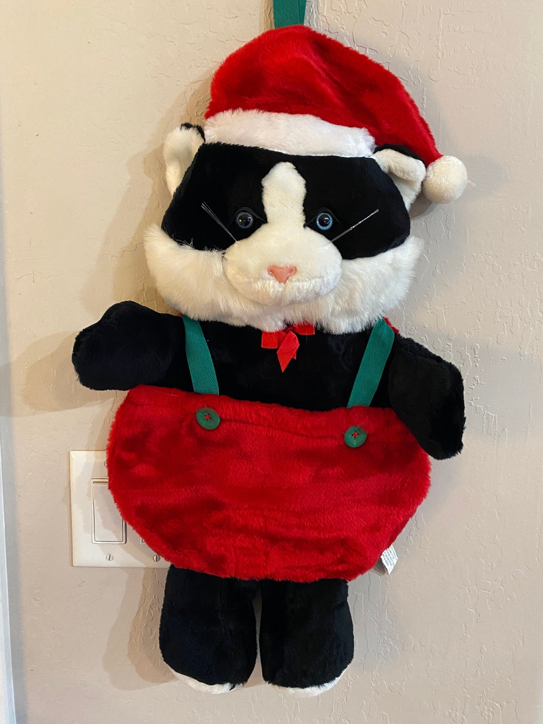 Vintage Plush Black and White Cat Stocking, Cat With Overalls Extra ...