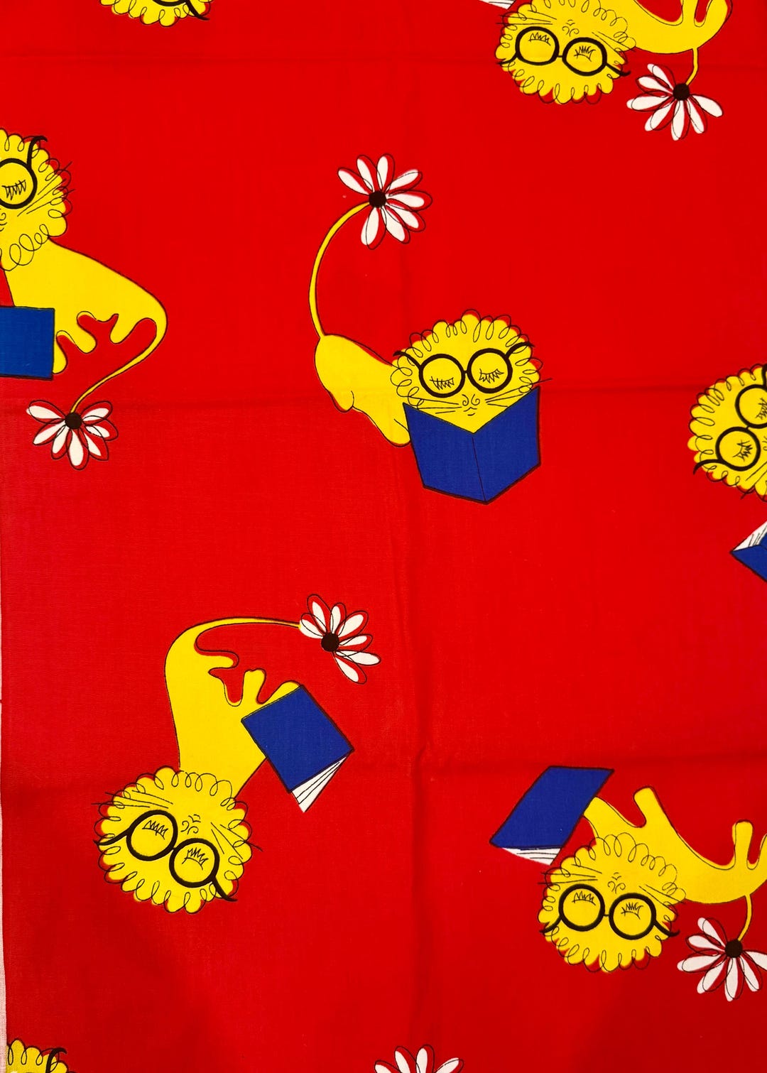 Vintage Red Fabric With Reading Lion Novelty Print, 1960s Mid Weight ...