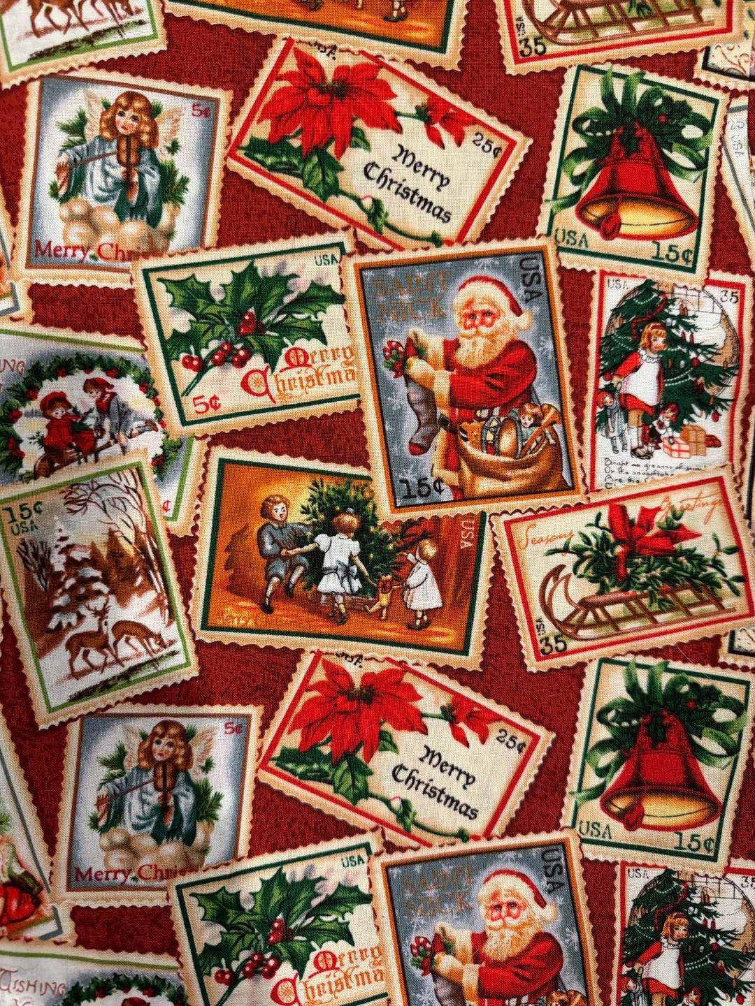 Vintage "christmas Stamps" Christmas Fabric, Elizabeth Brownd Design ...