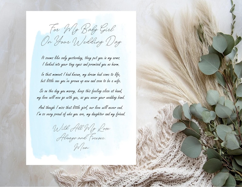 Letter to Bride / Mother's Wedding Day Poem, Blue Watercolor - Etsy