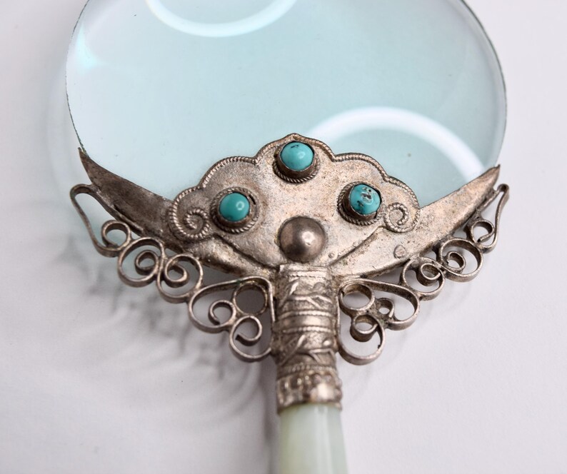 Antique Chinese Magnifying Glass With Jadeite Handle and 6 Turquoise ...