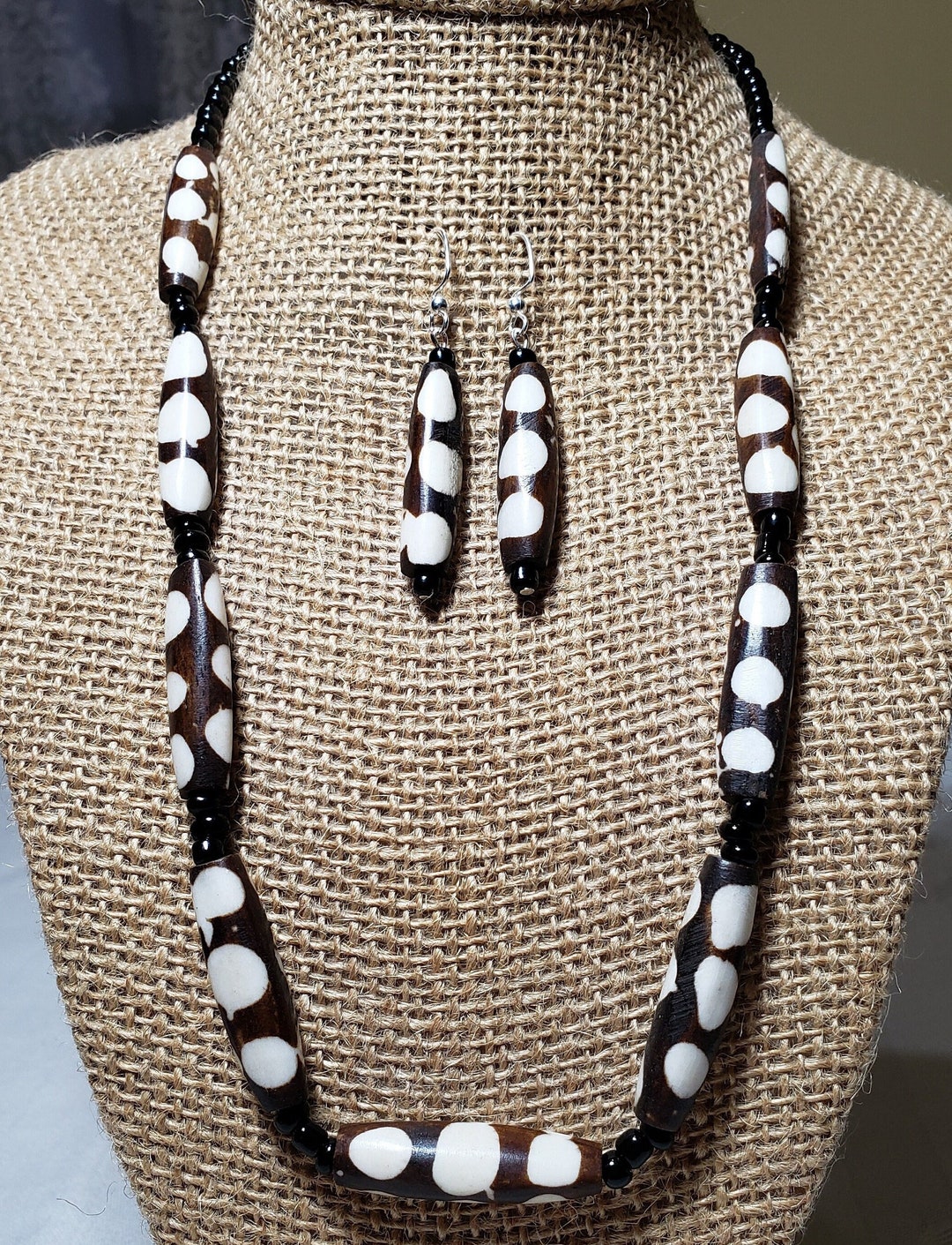Brown/black and White Batik Bone Necklace (africa - Ghana) - Etsy