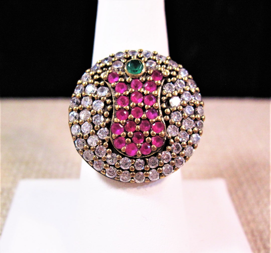 Turkish Emerald & Ruby Ring, Vintage Turkish Handmade Silver Ladies ...