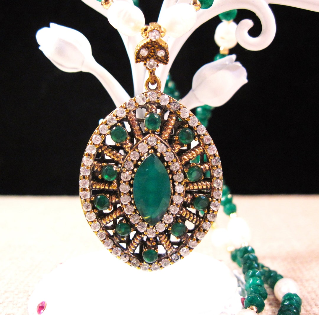 Turkish Silver Emerald & Pearl Necklace, Fancy Turkish 925 Sterling ...