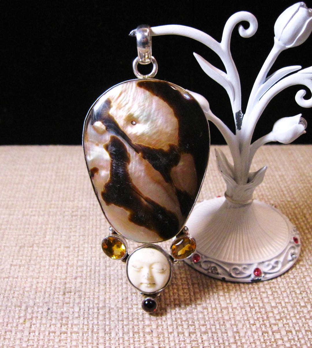 Huge Sterling Abalone & Bone Moon Face Pendant, Gorgeous Huge Vintage ...